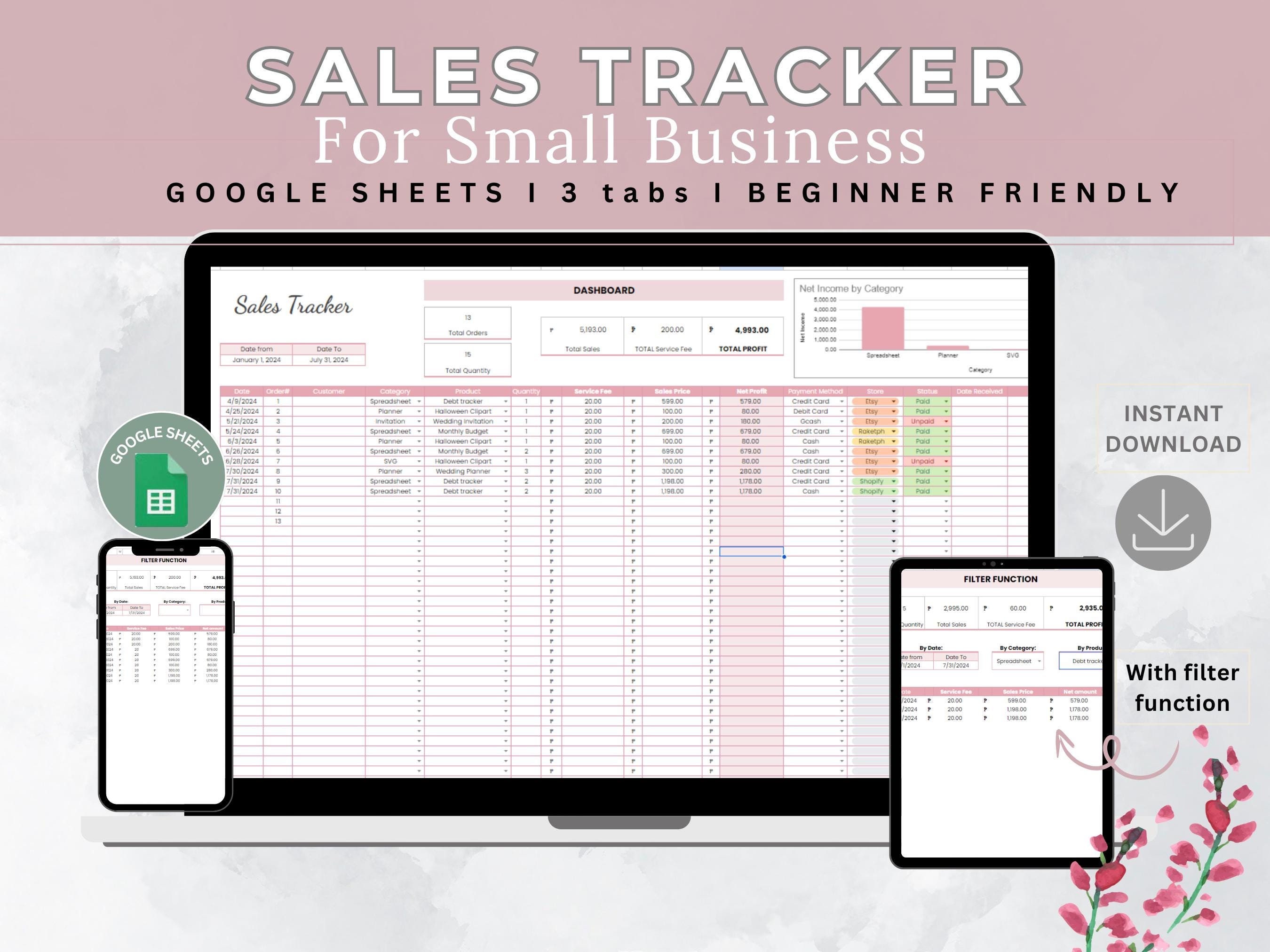 Sales Tracker Dashboard Google Sheets Spreadsheet for Small Business ...