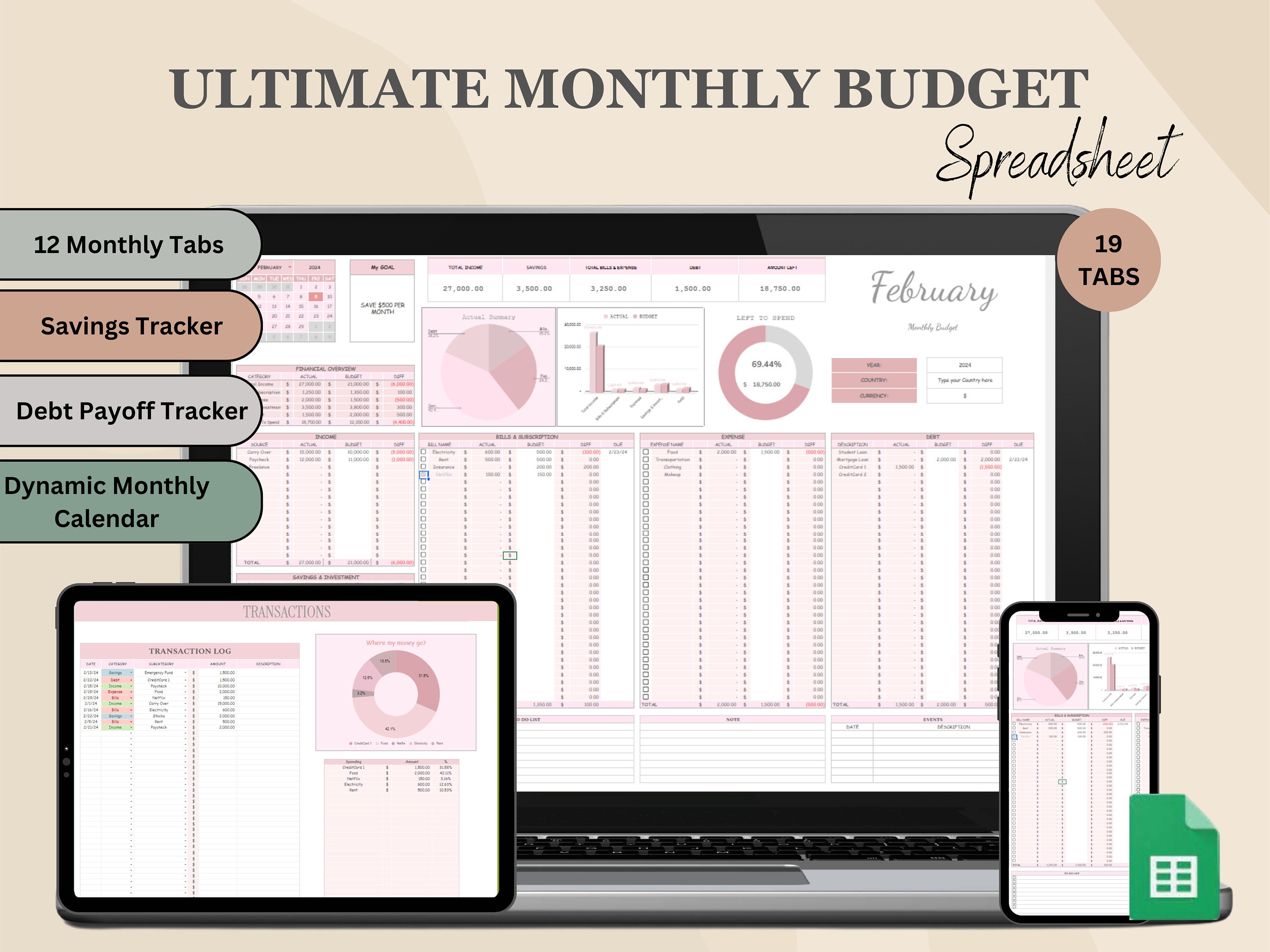 Monthly Budget Spreadsheet, Google Sheet Budget Planner, Financial ...