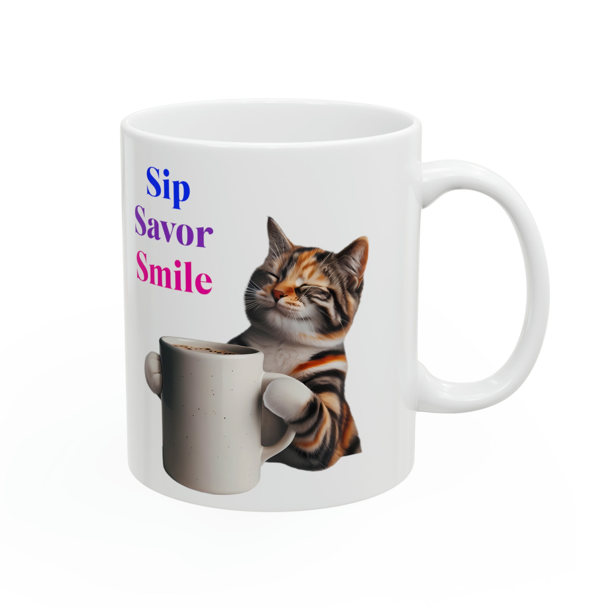 Sip Savor Smile, Cute Smiling Cat Holds Coffee Mug, Ceramic Mug 11oz ...