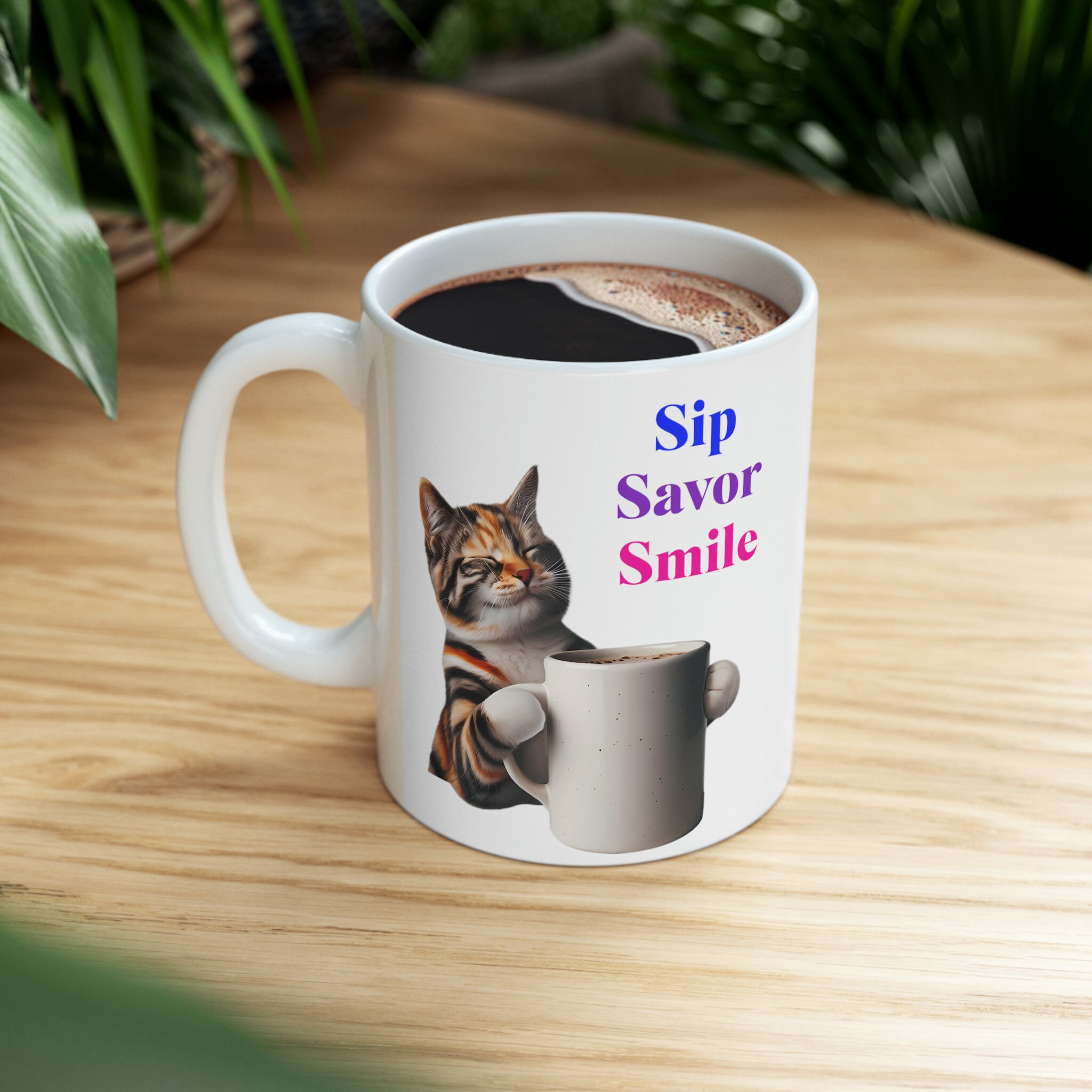 Sip Savor Smile, Cute Smiling Cat Holds Coffee Mug, Ceramic Mug 11oz ...
