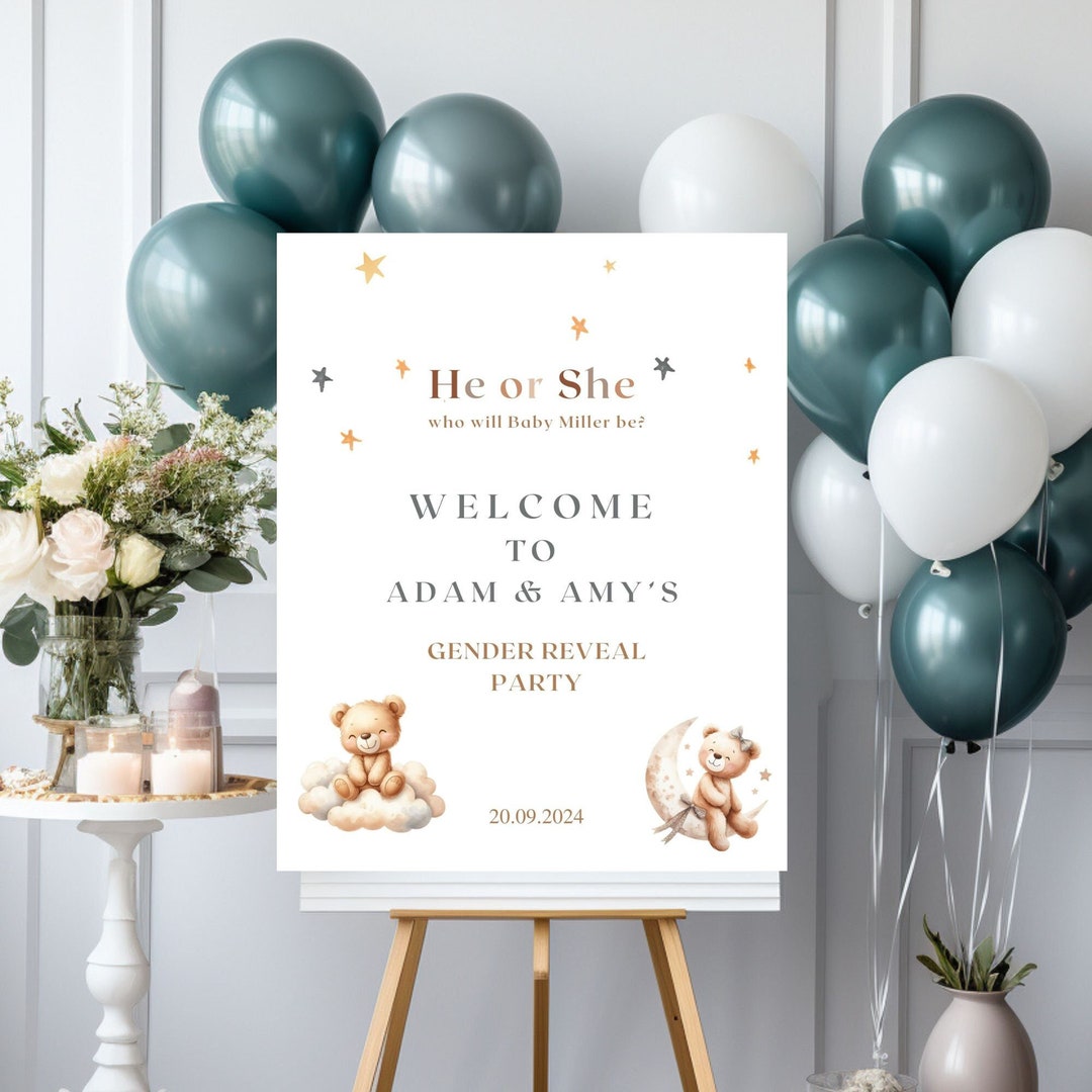 Editable Teddy Bears Gender Reveal Welcome Sign, Instant Download ...