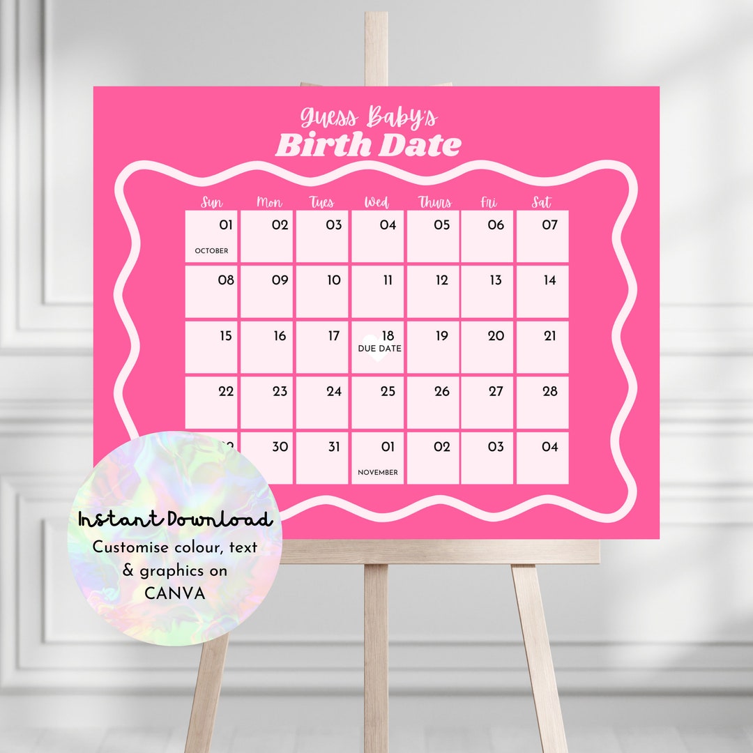Wavy Guess Baby's Due Date Template, Baby Shower, Prediction Calendar ...