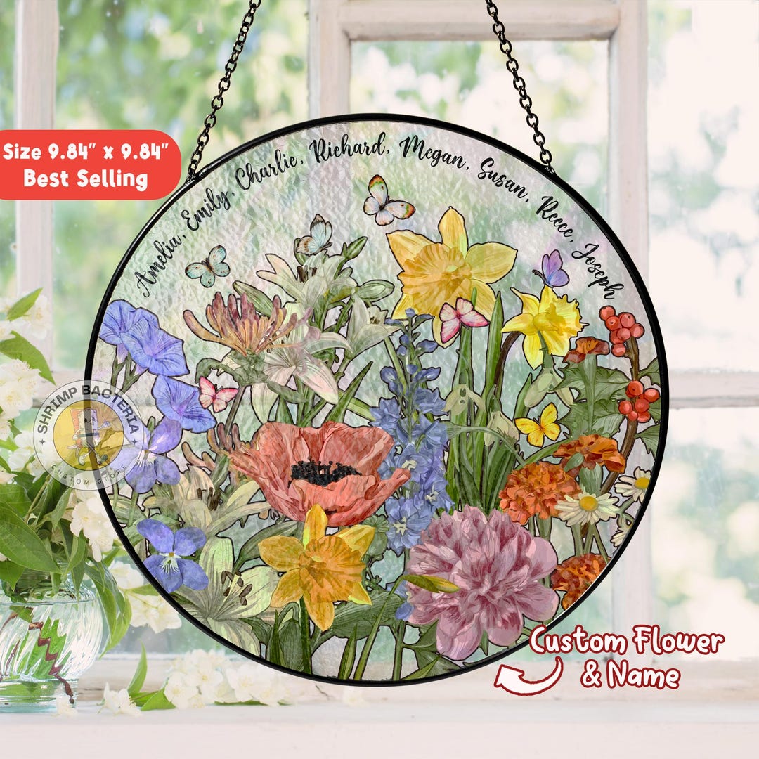 Custom Birth Month Flowers Stain Glass Suncatcher, Custom Birthday Gift ...