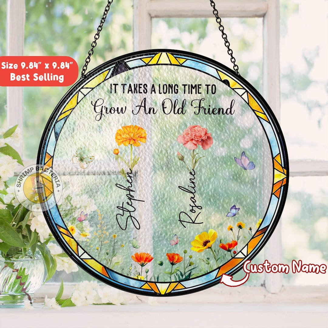 Birth Month Flower Stain Glass Suncatcher, Custom BFF Stained Glass ...