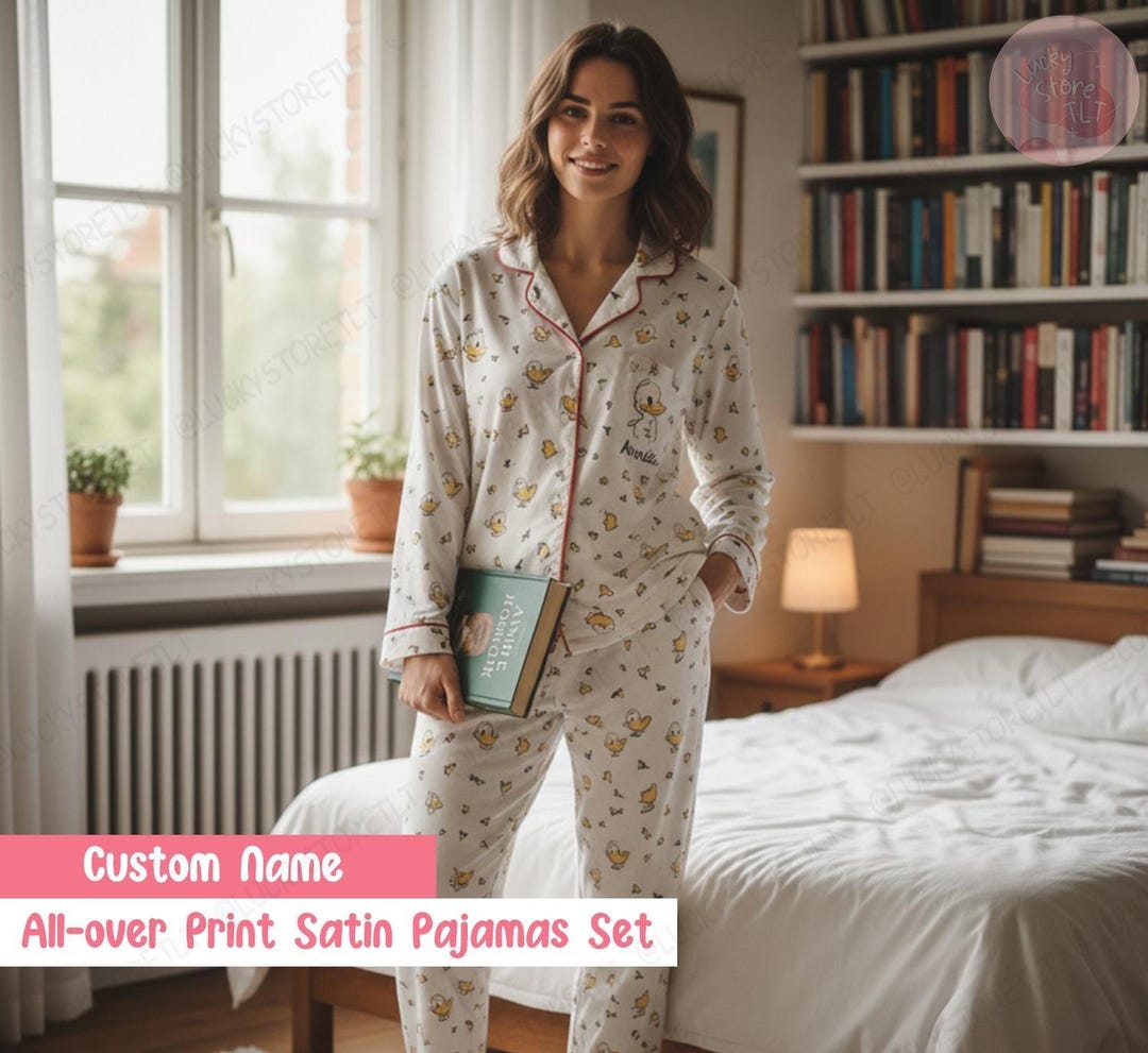 Personalized Cute Duck Satin Pajamas Set, Custom Name Adorable Duck PJ ...