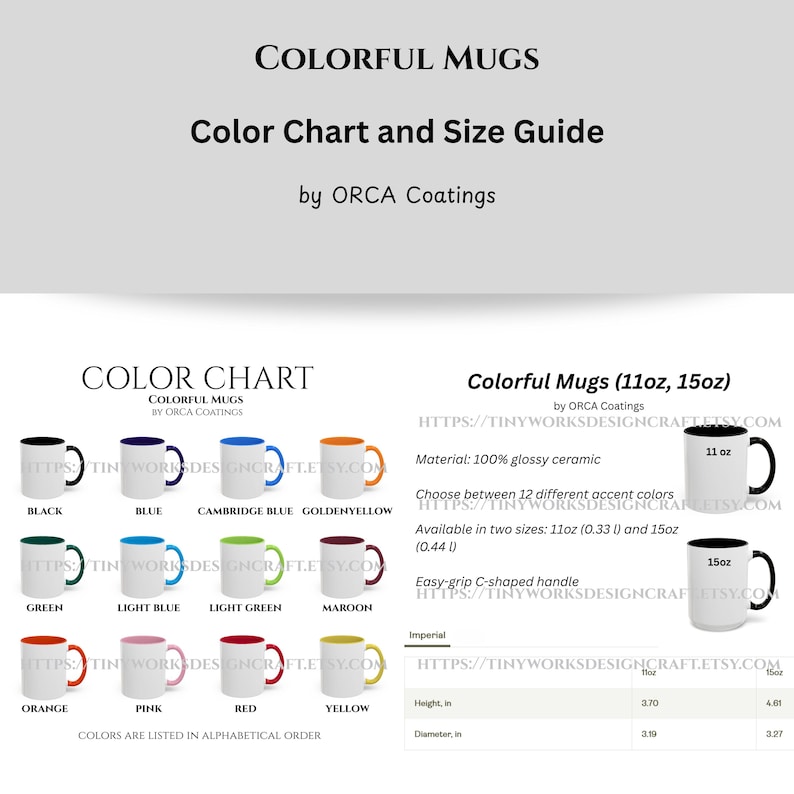 Colorful Mugs Color Chart and Size Guide by ORCA Coatings - Etsy