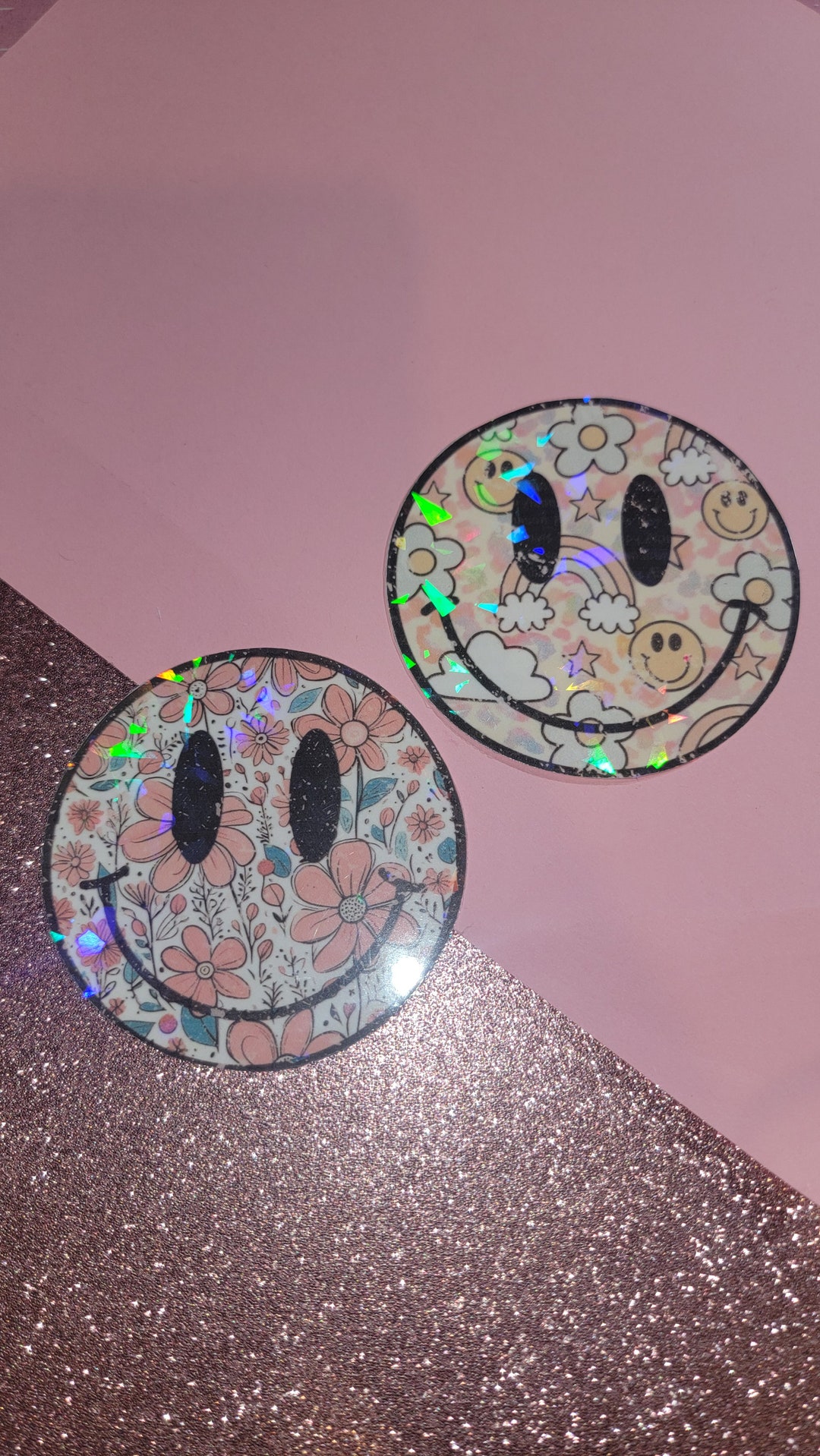 Smiley Stickers, Face Stickers, Happy Stickers, Holographic Smiley Face ...