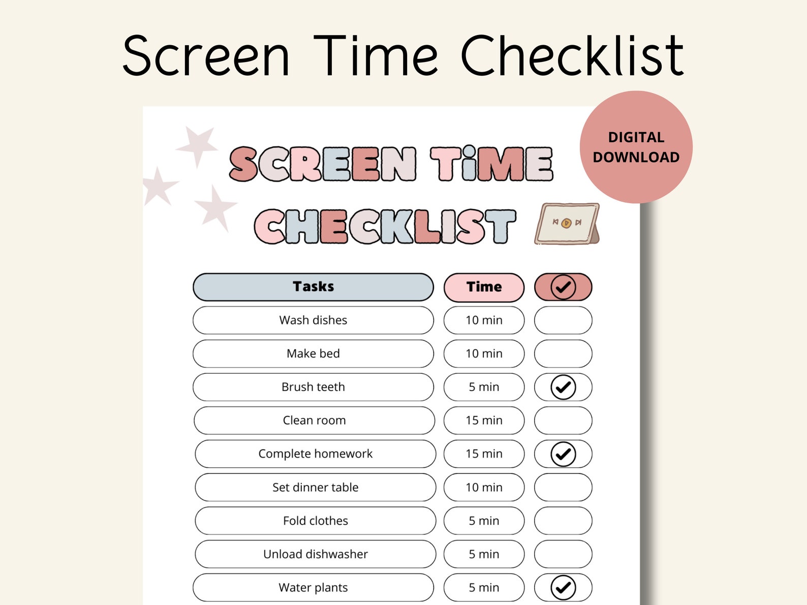 Editable Screen Time Checklist Screen Time Chart Screen Time Tracker ...