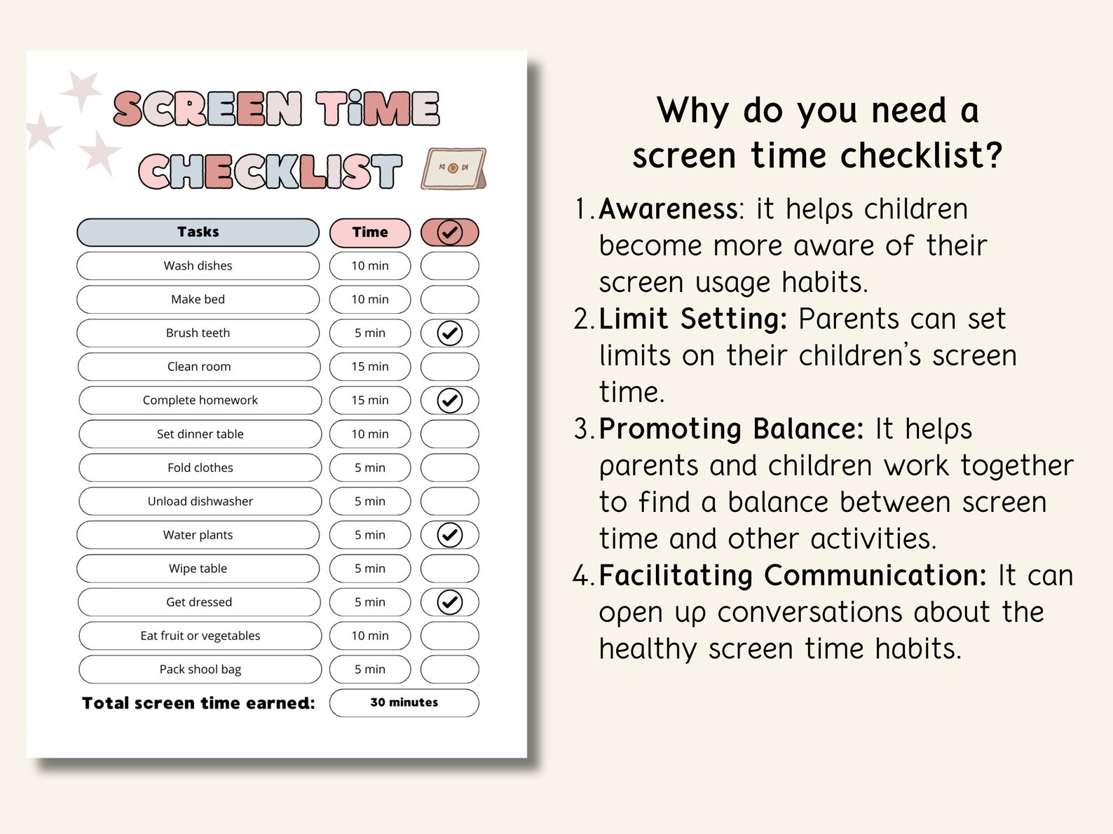 Editable Screen Time Checklist Screen Time Chart Screen Time Tracker ...