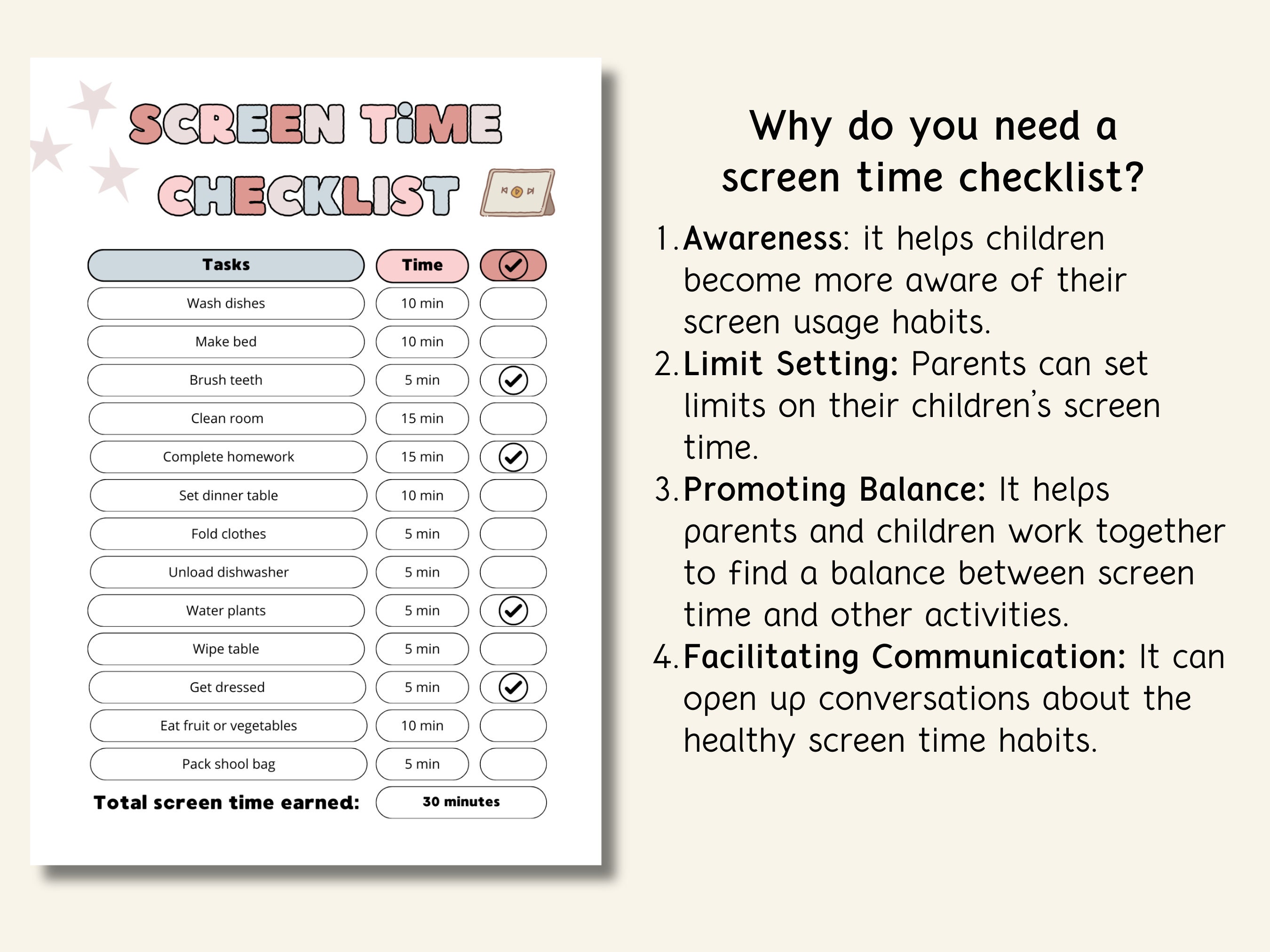 Editable Screen Time Checklist Screen Time Chart Screen Time Tracker ...