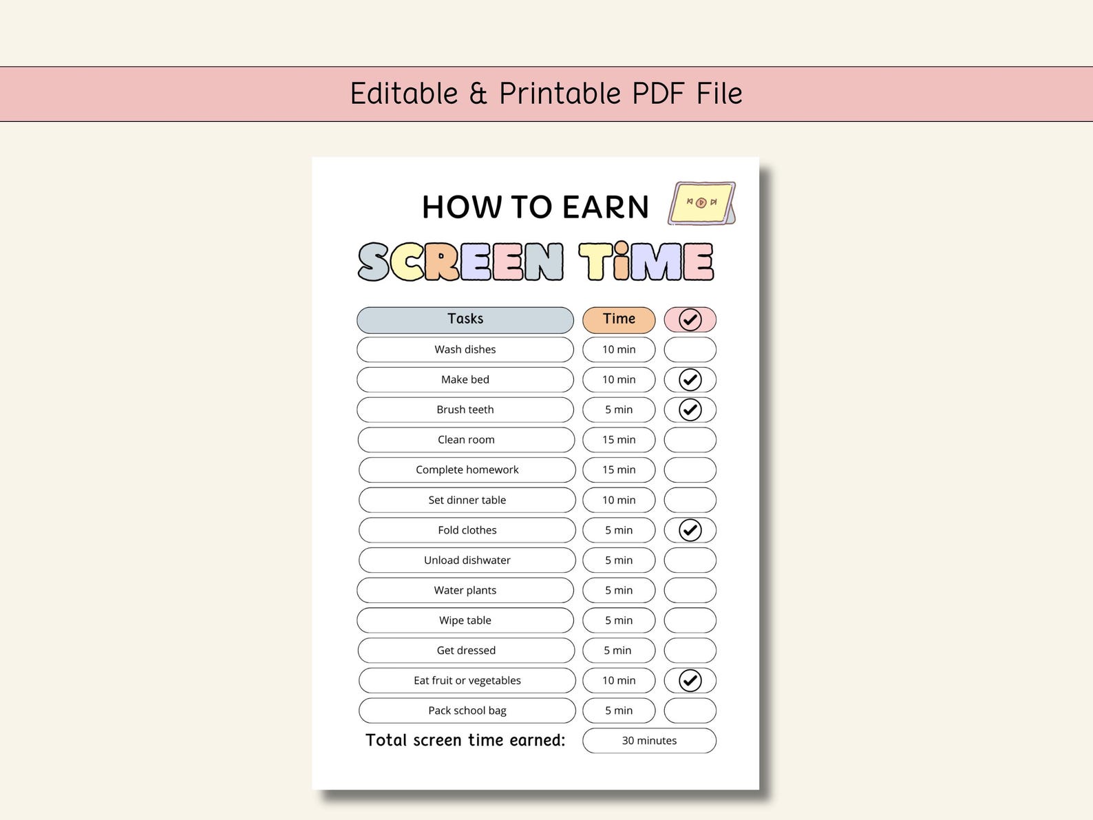 Editable Screen Time Checklist | Screen Time Chart | Screen Time ...