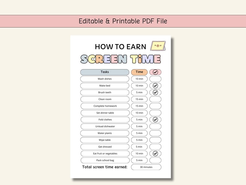 Editable Screen Time Checklist | Screen Time Chart | Screen Time ...