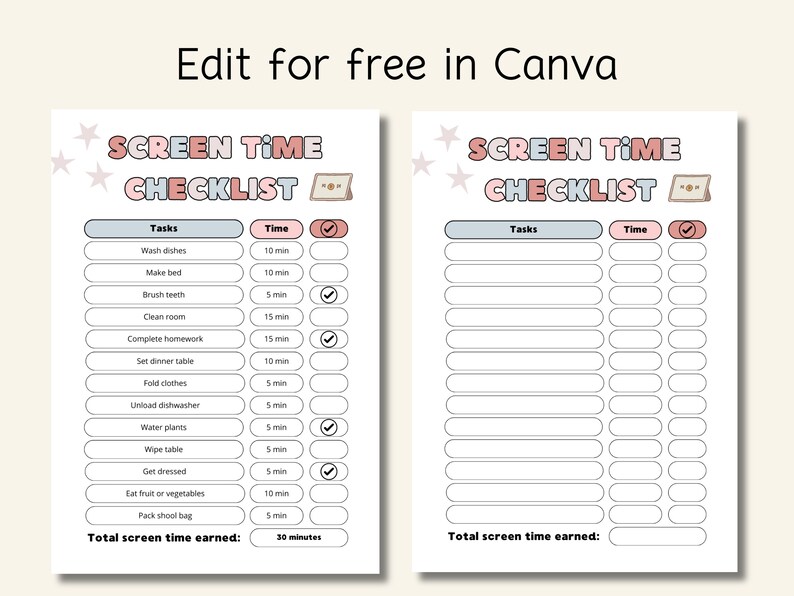 Editable Screen Time Checklist Screen Time Chart Screen Time Tracker ...