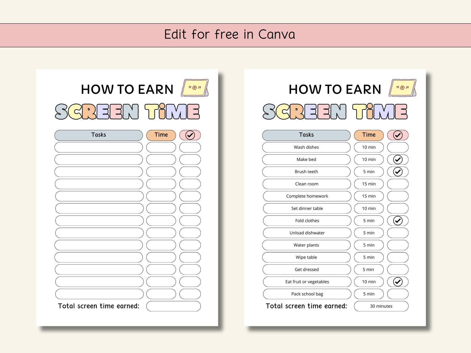 Editable Screen Time Checklist | Screen Time Chart | Screen Time ...
