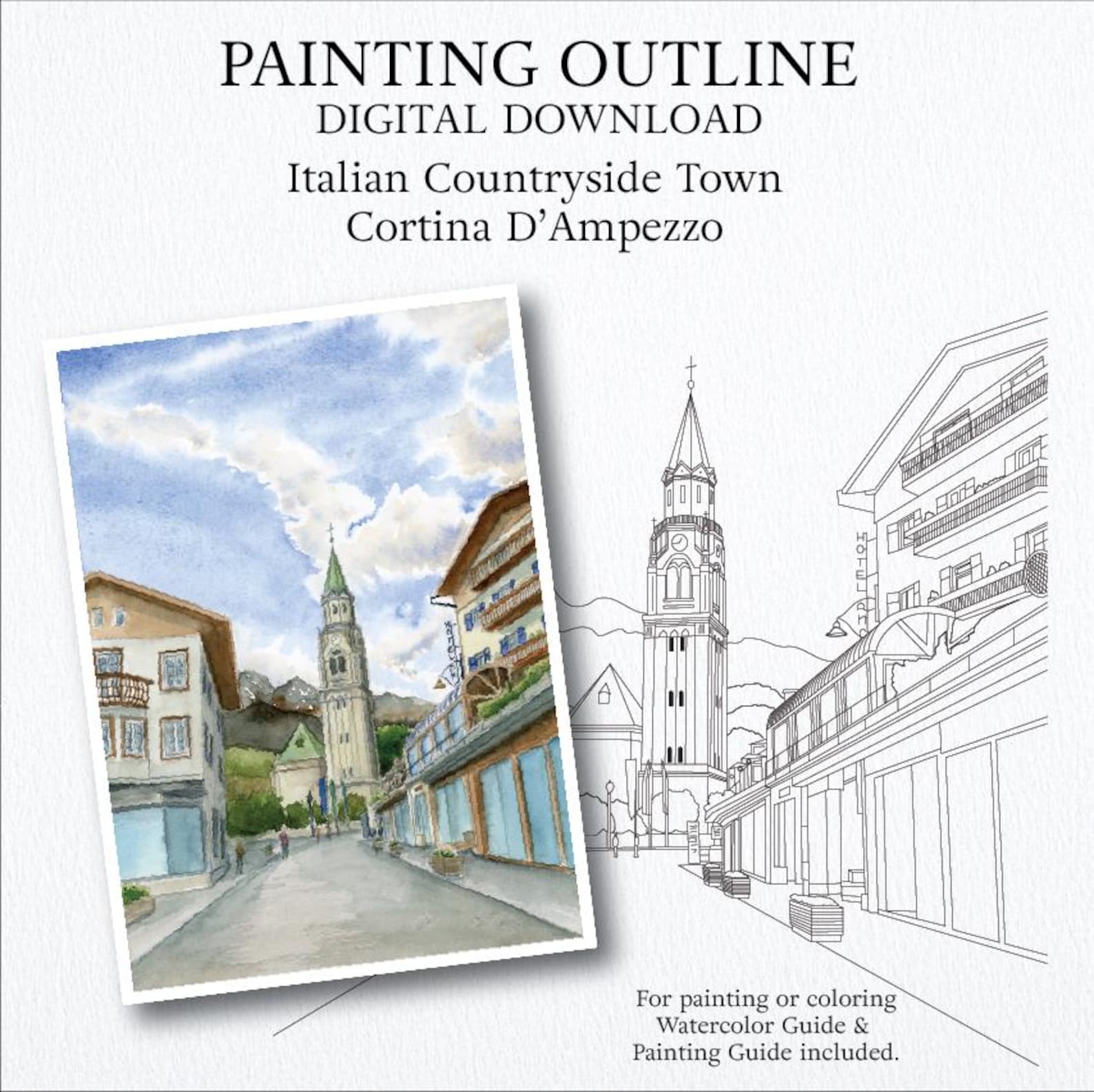 Italian Town Outline Drawings for Painting, Watercolor Drawing Outlines ...