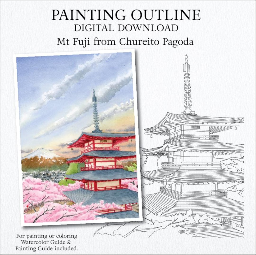 Japanese Shrine Chureito Pagoda Outline Drawings for Painting ...