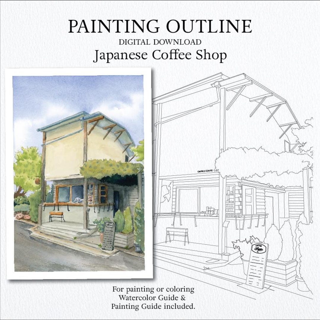 Japanese Cafe Outline Drawings for Painting, Watercolor Drawing ...