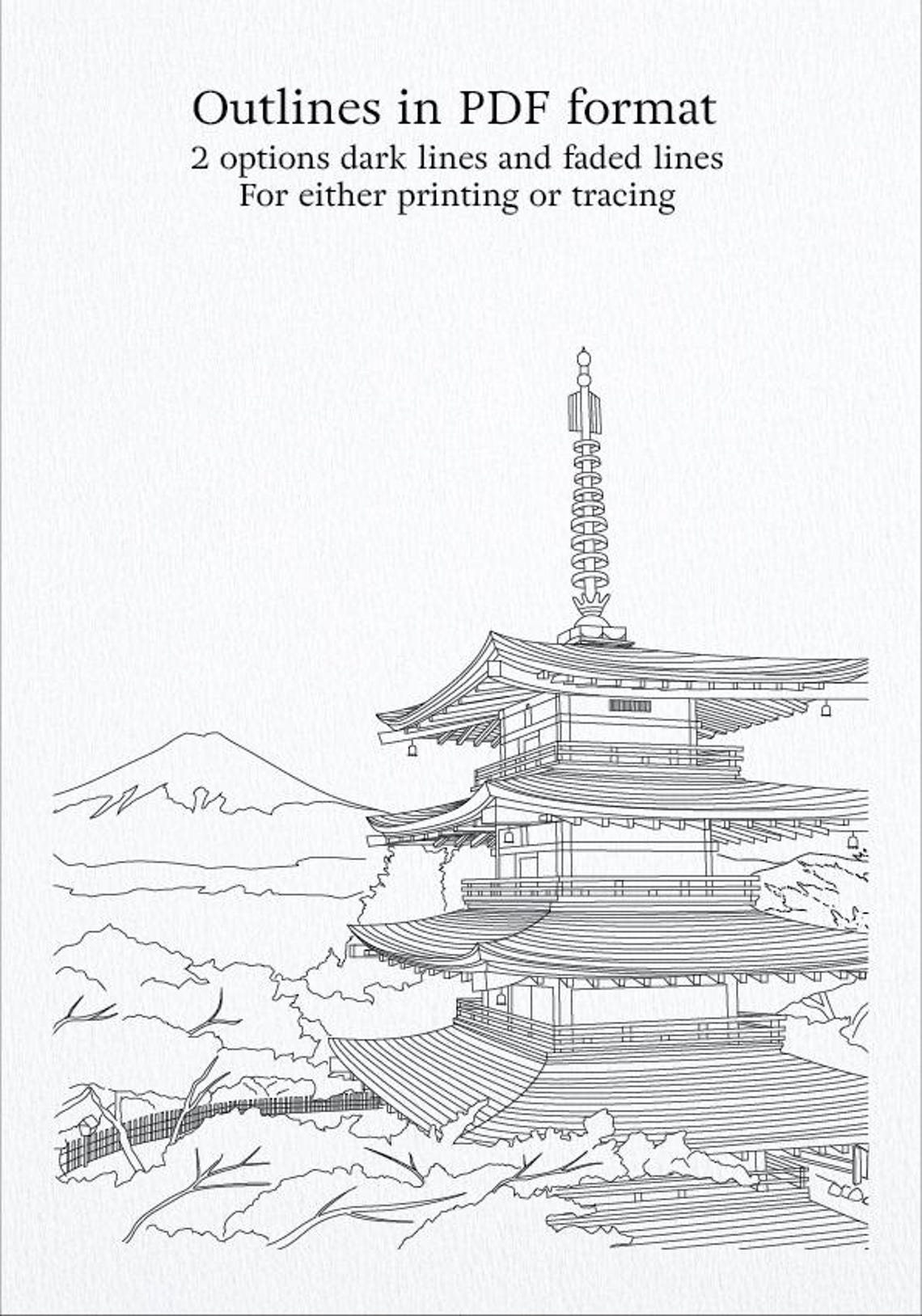 Japanese Shrine Chureito Pagoda Outline Drawings for Painting ...