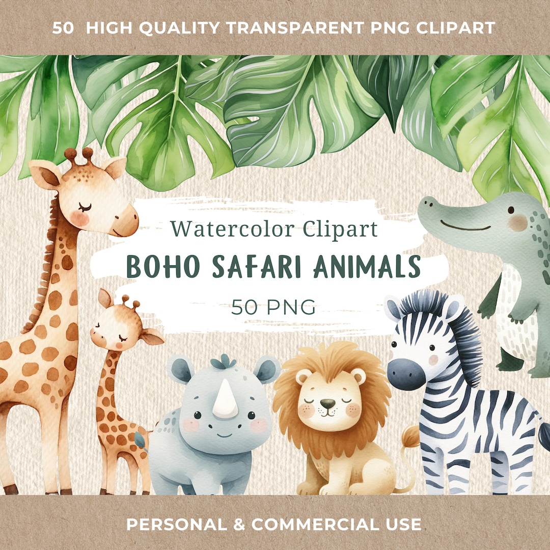 Cute Jungle Animals Clipart, Safari Baby Animal PNG, Watercolor Animal ...