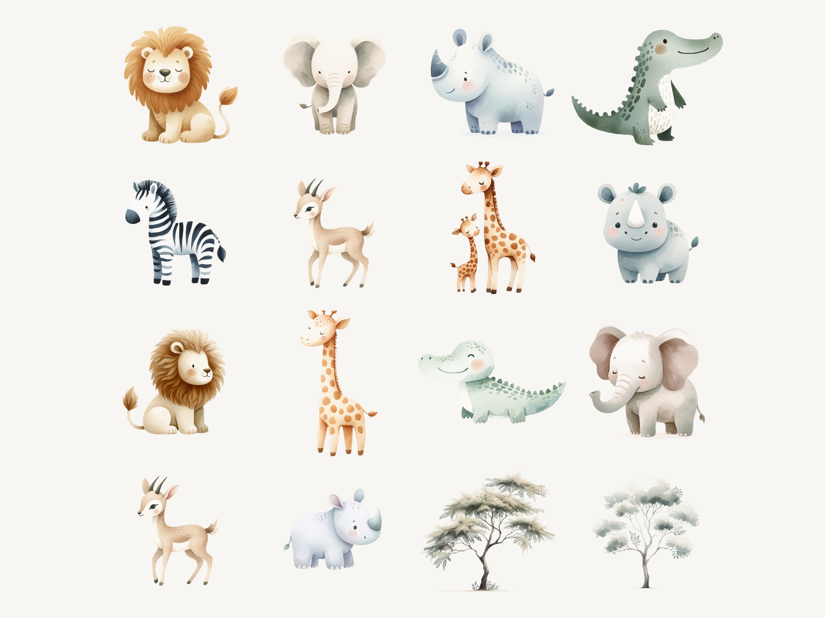 Cute Jungle Animals Clipart, Safari Baby Animal PNG, Watercolor Animal ...