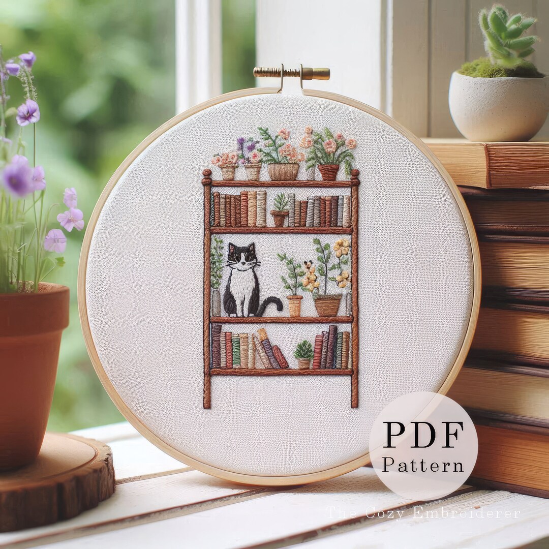 Cat Book Shelf Hand Embroidery PDF Pattern, Cute, Cozy, Plants ...