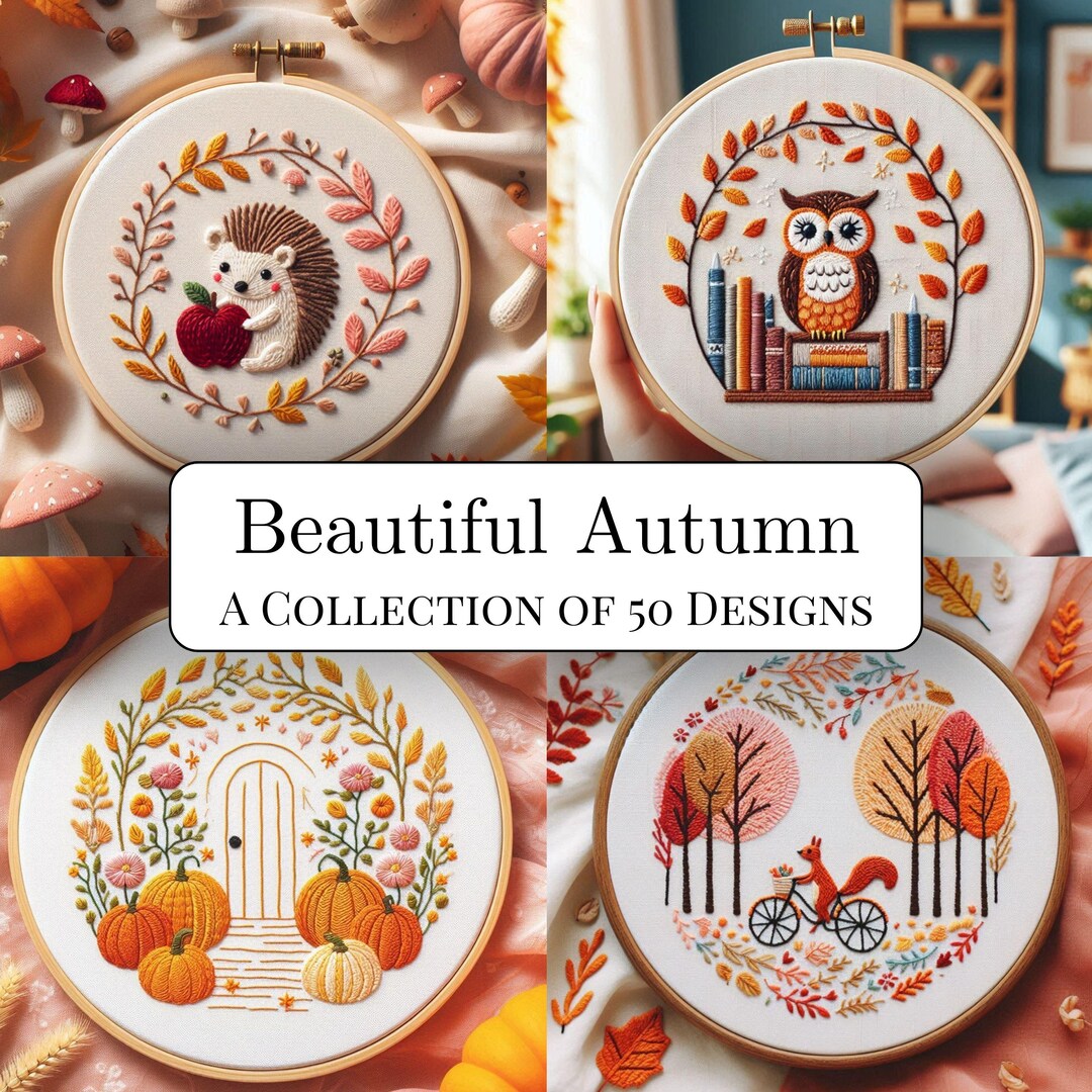 50 Autumn Hand Embroidery PDF Pattern Set, Pumpkin, Leaves, Nature ...