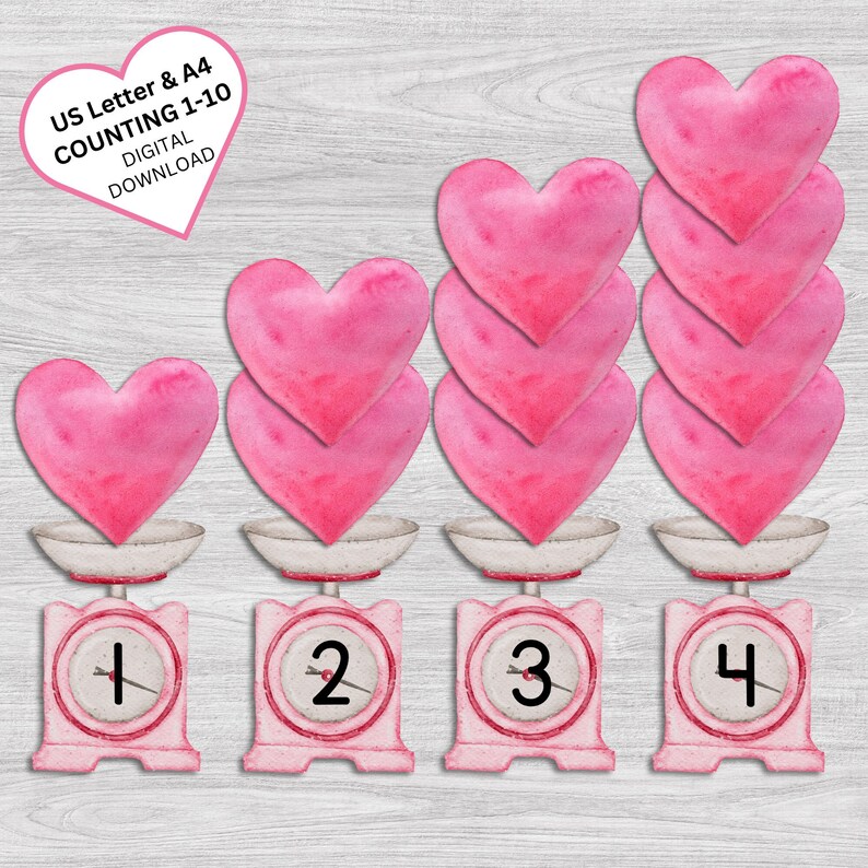 Valentine's Day Counting 1-10, Counting 1-10, Math Printables, Scales ...