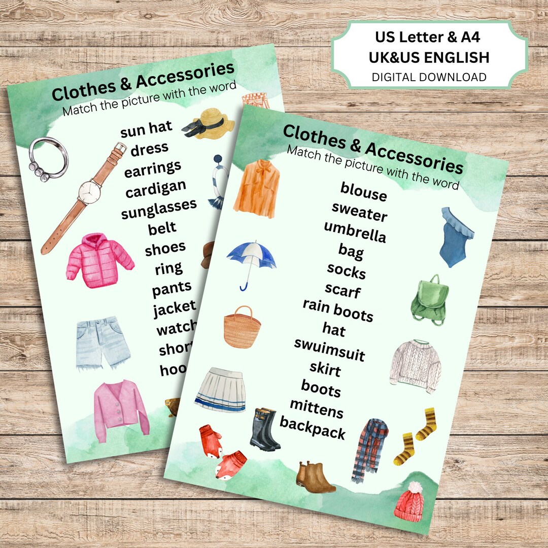 Clothing Worksheets, Matching, Clothes Vocabulary Worksheets - Etsy