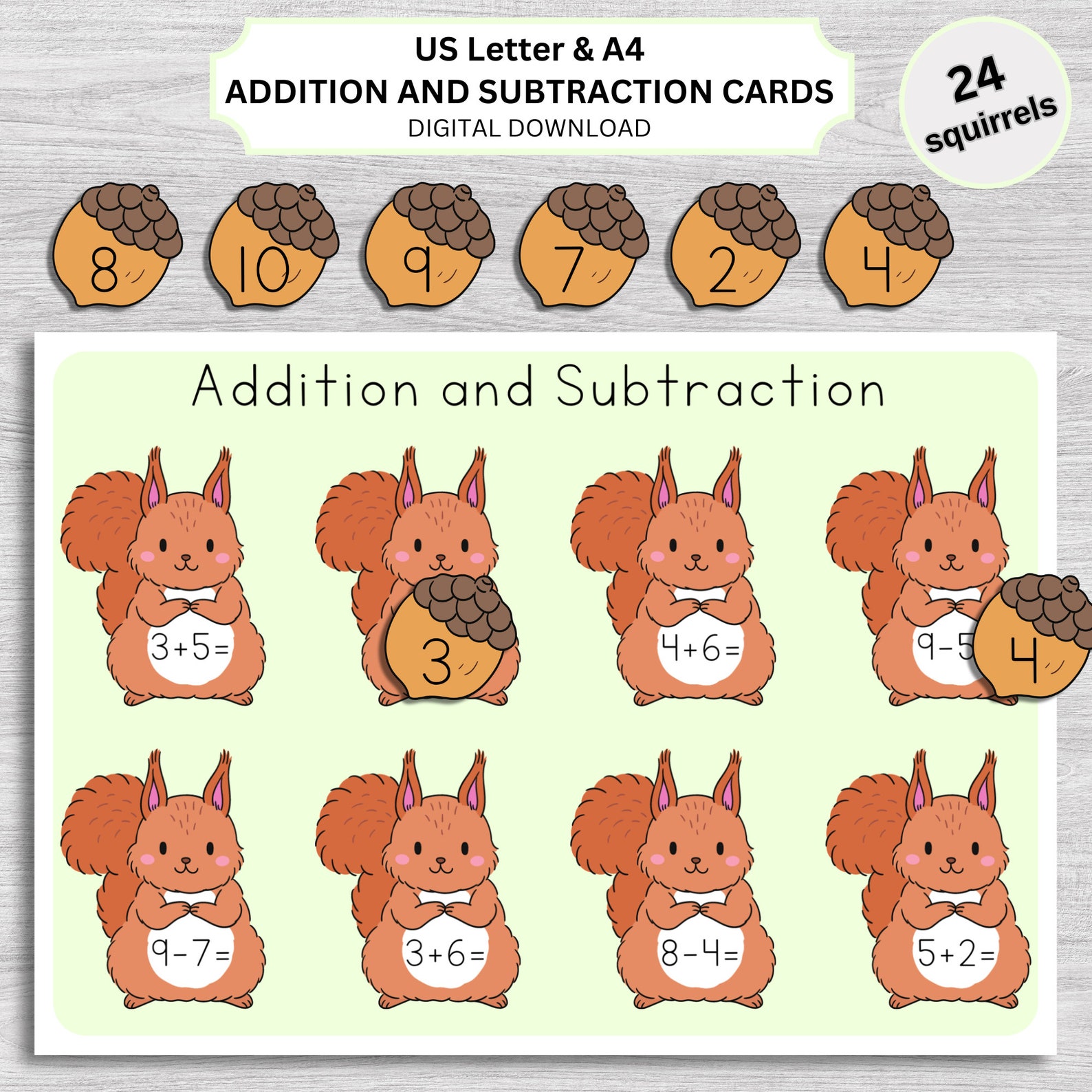 Addition and Subtraction Worksheets, Counting 1-10, Squirrel&acorn ...