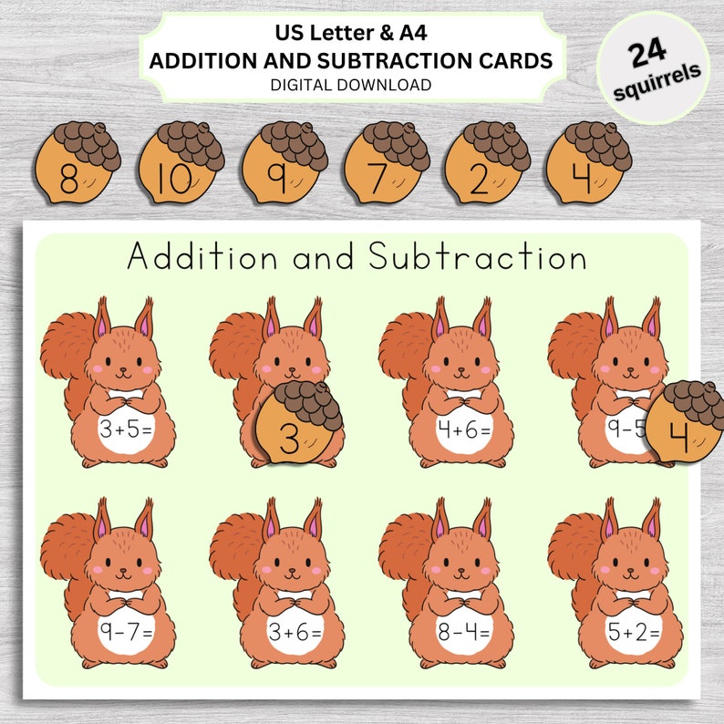 Addition and Subtraction Worksheets, Counting 1-10, Squirrel&acorn ...