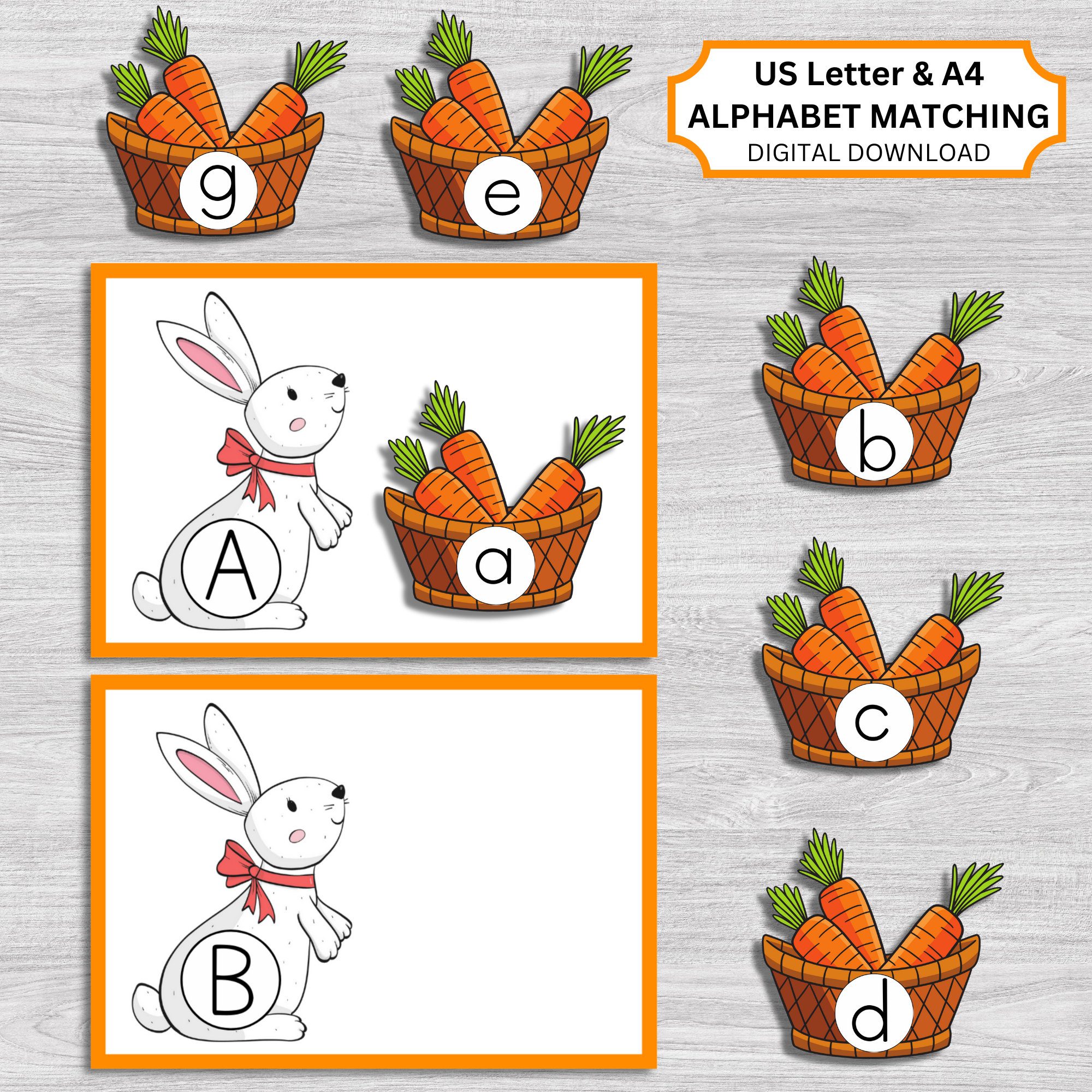 Rabbit&carrot Alphabet Match, Alphabet Matching Cards, Alphabet Game ...