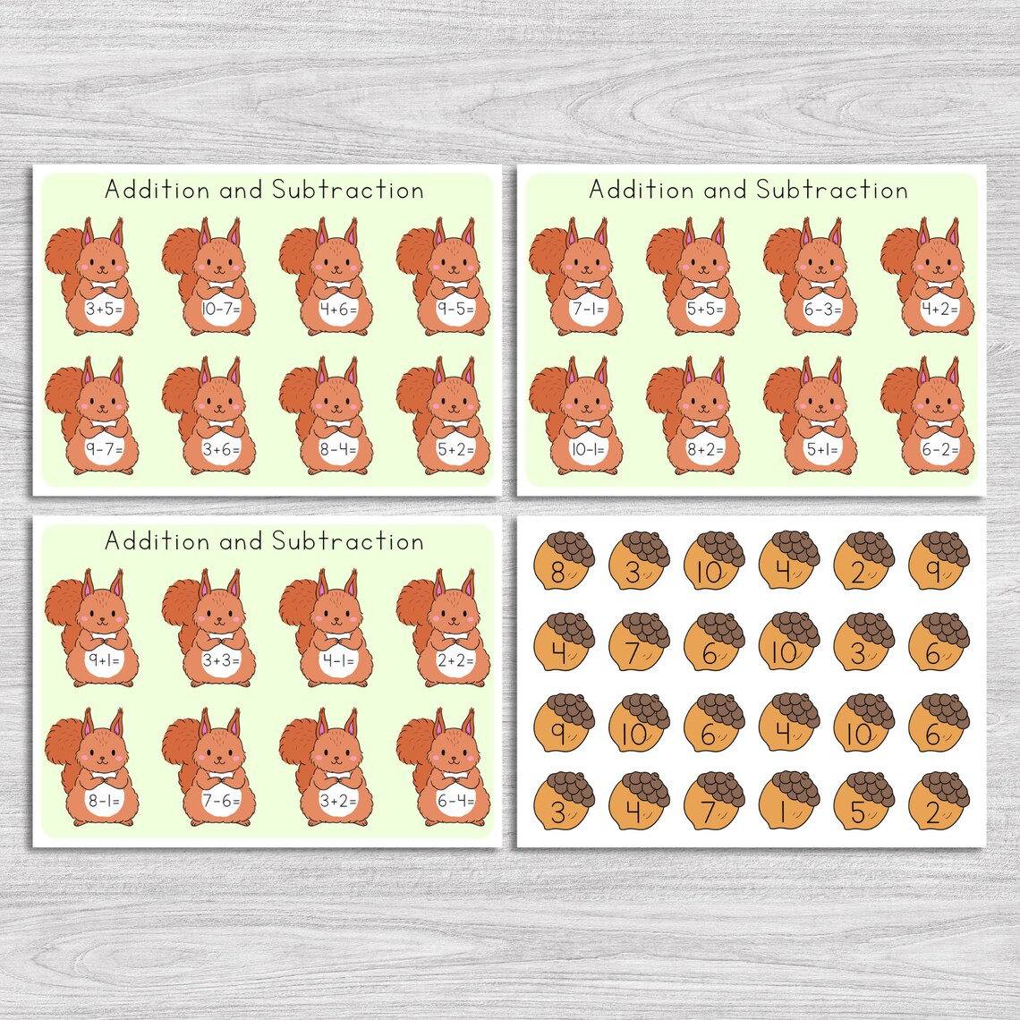 Addition and Subtraction Worksheets, Counting 1-10, Squirrel&acorn ...
