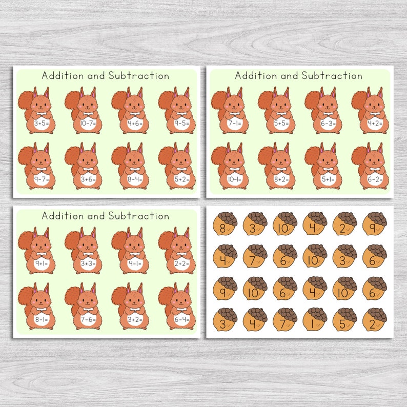 Addition and Subtraction Worksheets, Counting 1-10, Squirrel&acorn ...
