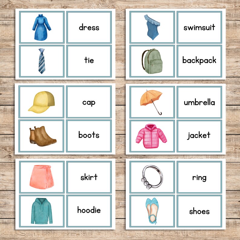 Clothing Matching Cards, Montessori Cards, Clothes Flashcards ...