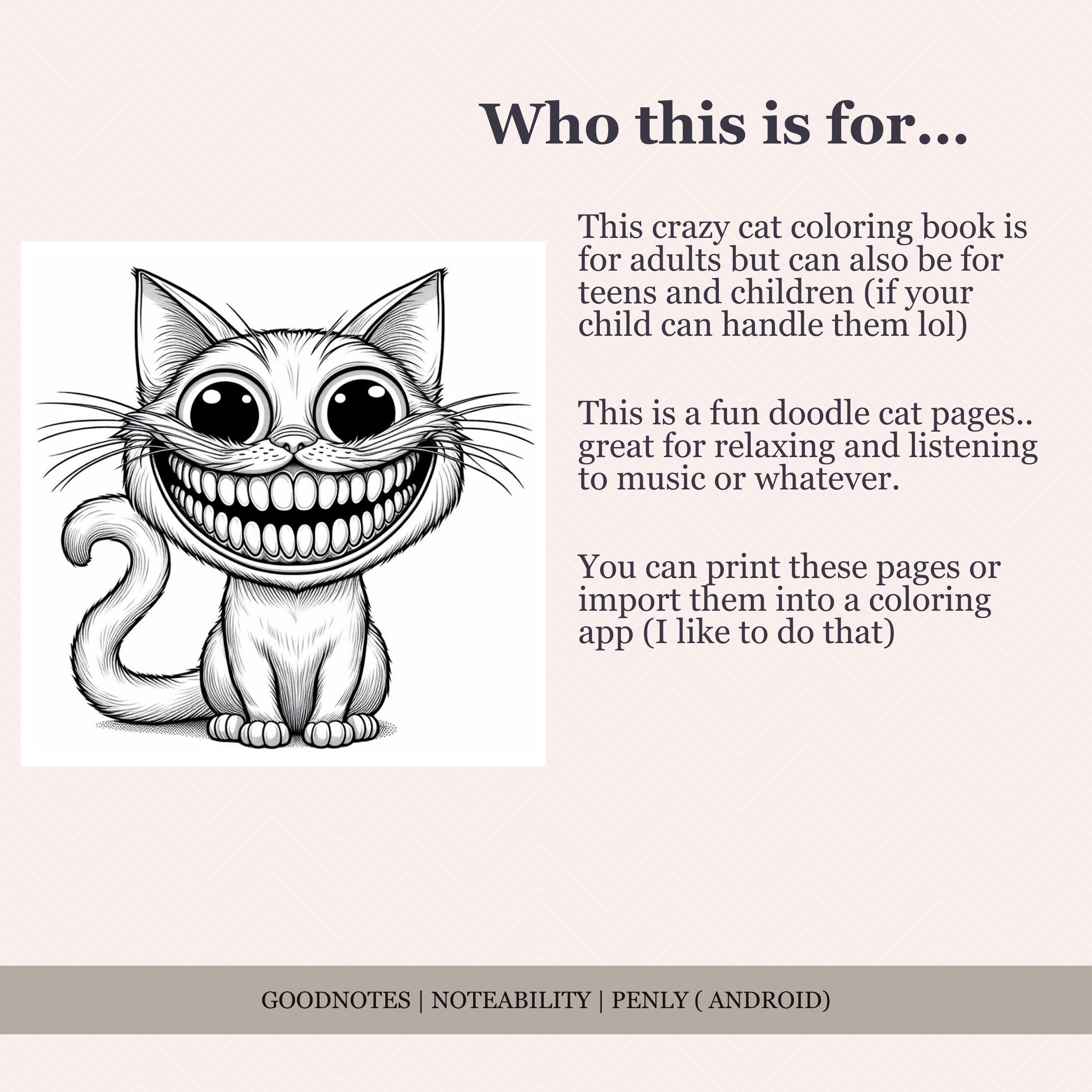 Printable Crazy Cat Coloring Book, Adult Coloring Pages, Feline ...
