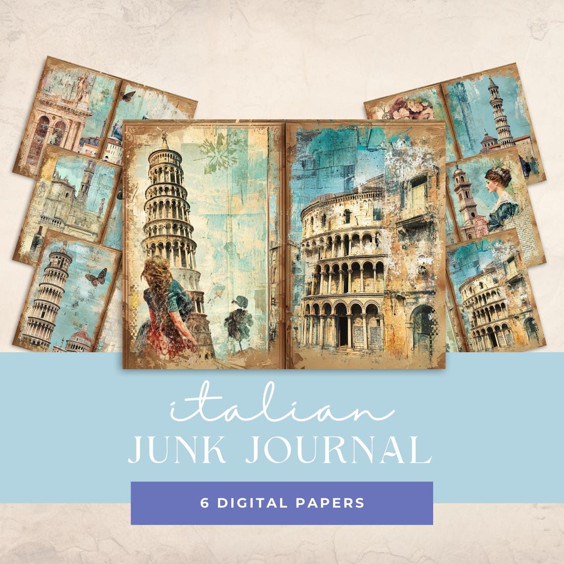 Italian Junk Journal Pages Digital Papers Rome Pisa Colosseum Italy ...
