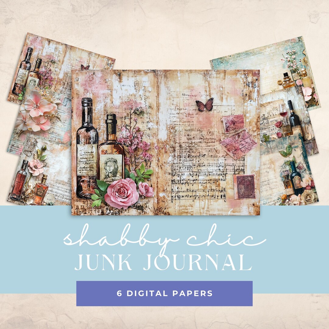 Shabby Chic Junk Journal Pages Perfume Wine Flowers Floral Vintage ...