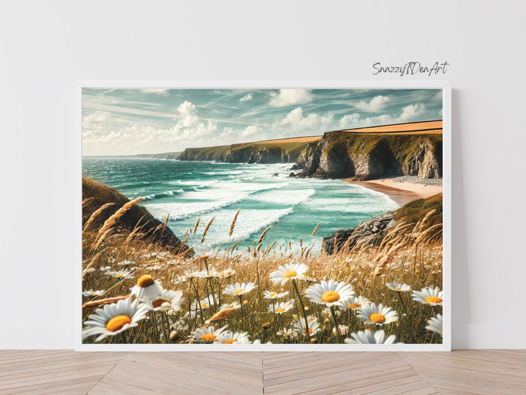 Daisy Field by the Ocean Coast Art Print - A Beautiful Blooming Field ...