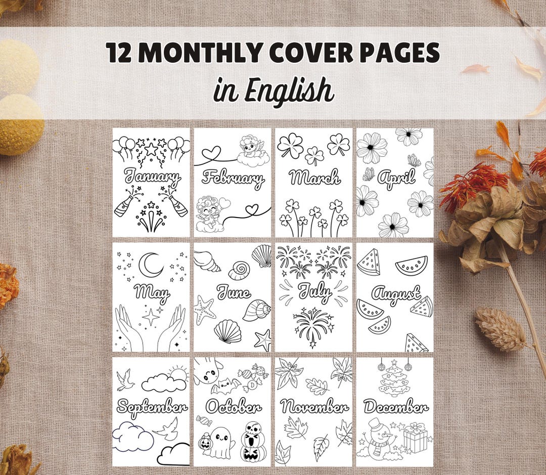 12 Month Bujo Title Page Set, Bullet Journal Printable Monthly Covers ...