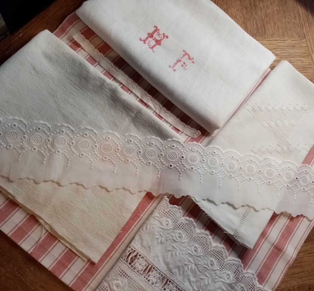 French Vintage Fabric Bundle, Lace, Monogrammed Serviette, Scrapbooking ...