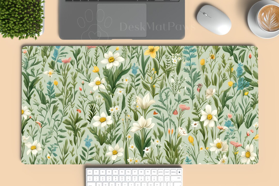 Sage Green Botanical Wildflowers Art Nouveau Desk Mat, Floral Plant ...