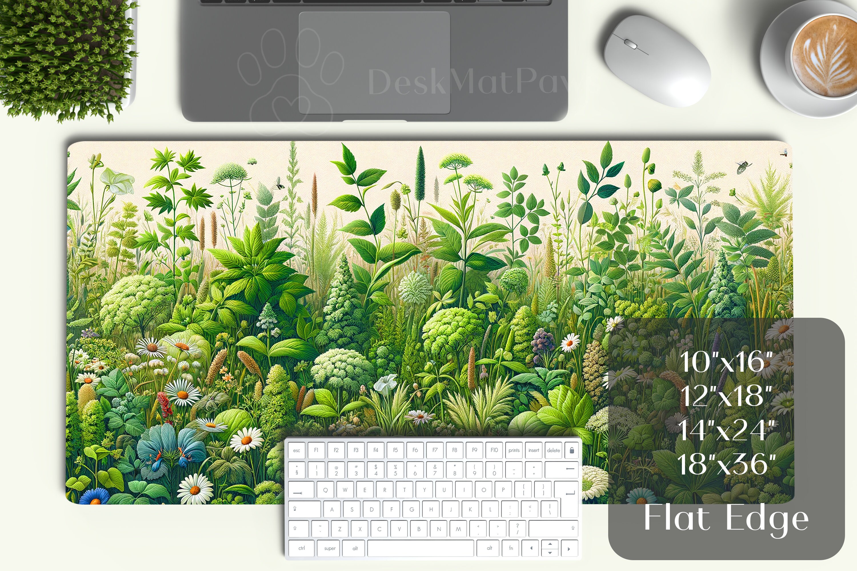 Green Botanical Wildflowers Art Nouveau Desk Mat, Floral Plant Extended ...
