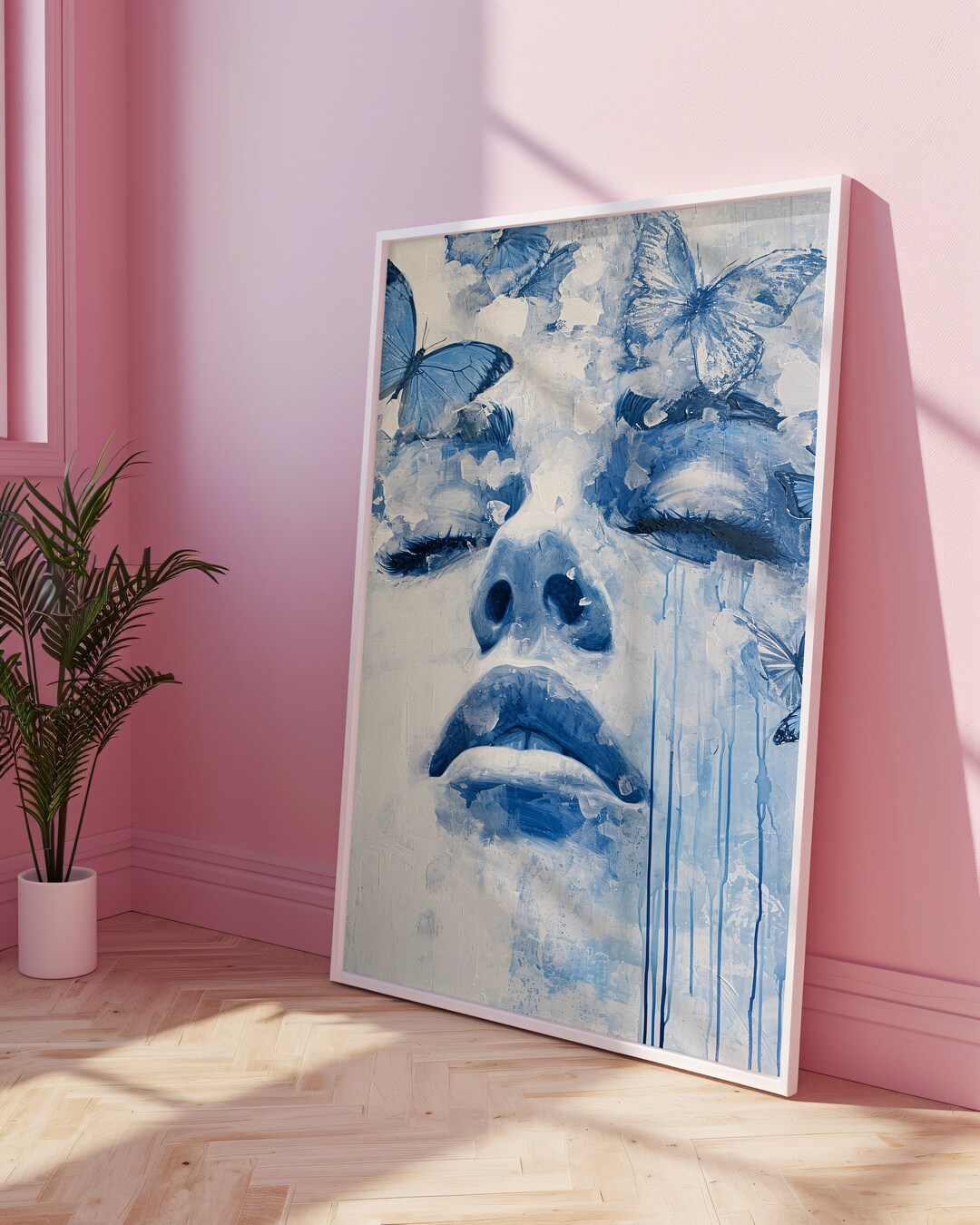 Clouds and Butterflies: Woman's Digital Portrait Drip Painting Artwork ...