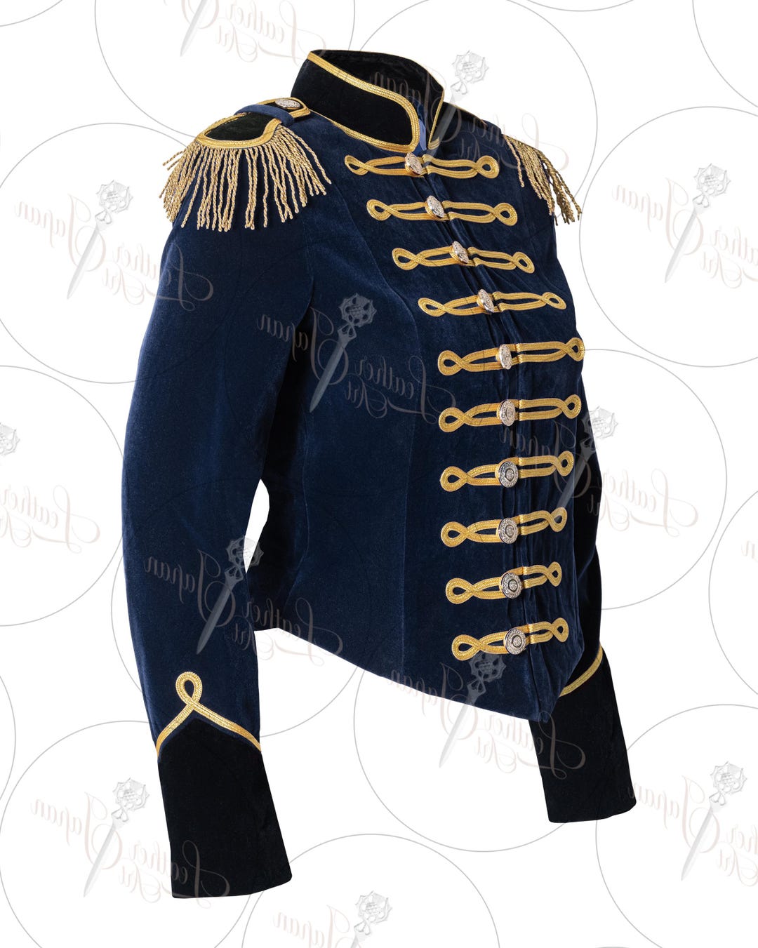 Women's Navy Blue Velvet Military Jacket With Gold Epaulettes With ...