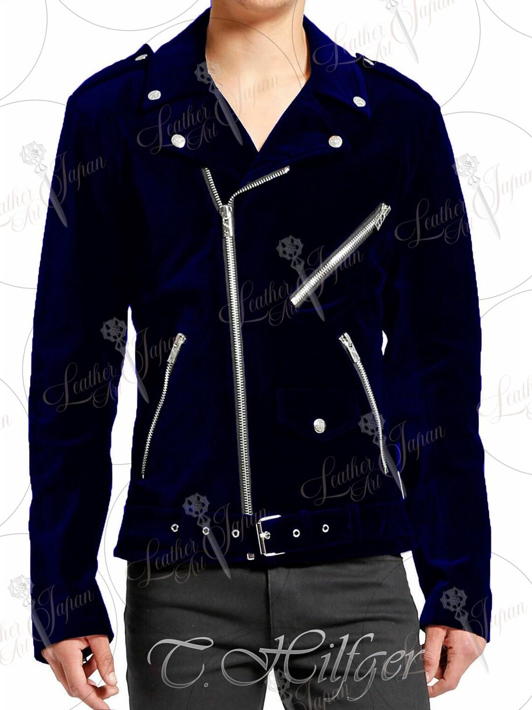 Men Navy Blue Velvet Biker Gothic Classic Steampunk Designer Motorcycle ...
