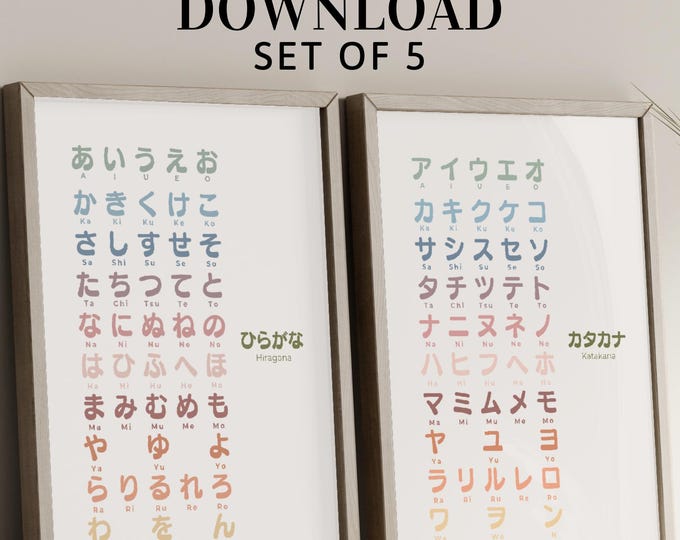 Set of 5 Japanese Hiragana Katakana Chart, Japanese Alphabet Bilingual ...