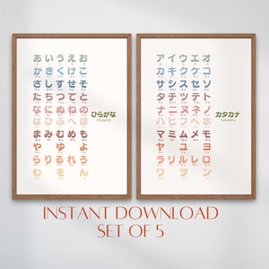Set of 5 Japanese Hiragana Katakana Chart, Japanese Alphabet Bilingual ...