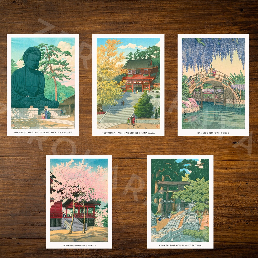 Vintage Tokyo Postcard Sets of 5, Shrine Temple Prints, 4x6 Post Cards, Hasui Kawase Prints ...