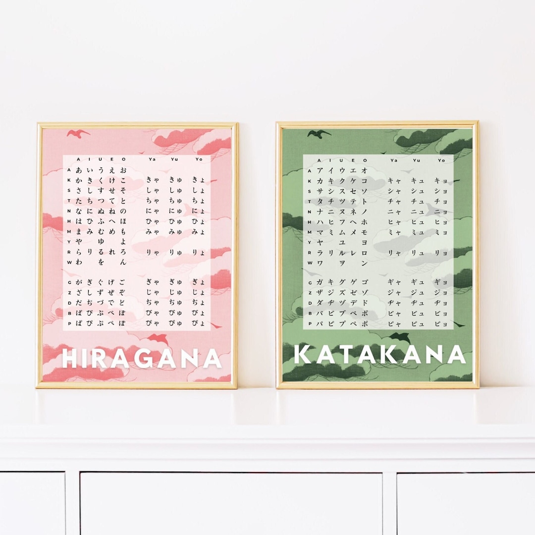 Hiragana Katakana Chart Set of 2, Shin Bijutsukai Artwork, Cute ...