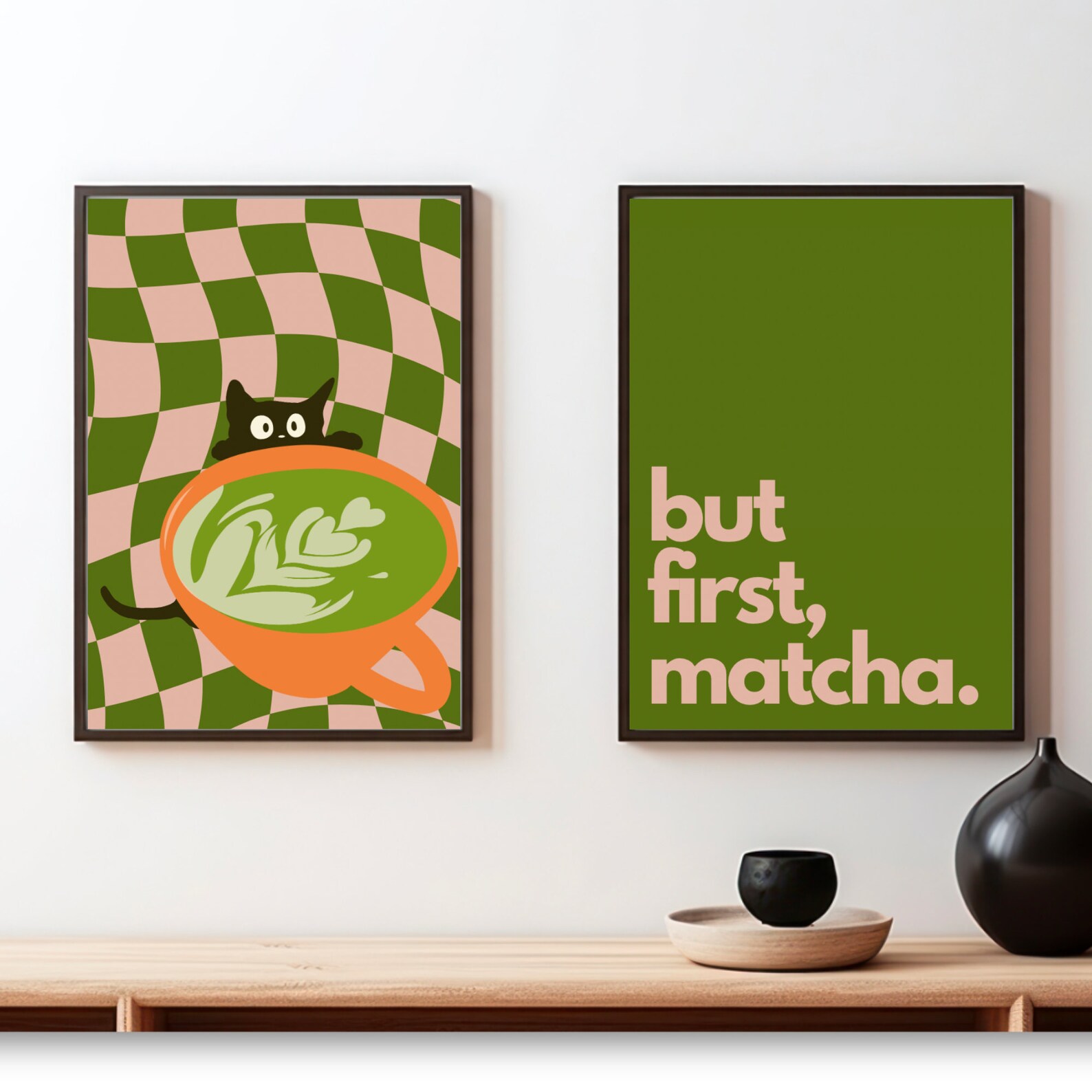 But First Matcha Poster, Black Cat Matcha Latte Wall Decor ...